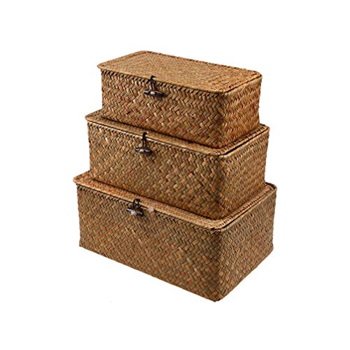 WINOMO 3 Pcs Woven Storage Chests with Lid & Button Hand- woven Rattan Desktop Storage Box Storage Basket