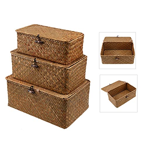 WINOMO 3 Pcs Woven Storage Chests with Lid & Button Hand- woven Rattan Desktop Storage Box Storage Basket