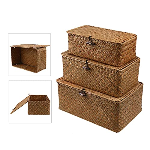 WINOMO 3 Pcs Woven Storage Chests with Lid & Button Hand- woven Rattan Desktop Storage Box Storage Basket