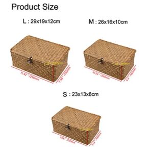 WINOMO 3 Pcs Woven Storage Chests with Lid & Button Hand- woven Rattan Desktop Storage Box Storage Basket