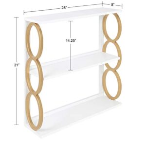 Kate and Laurel Ring Mid-Century Modern 3-Tier Shelf, 28" x 8" x 31", White and Gold, Chic Contemporary Storage and Decor