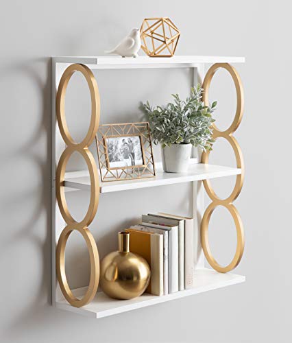 Kate and Laurel Ring Mid-Century Modern 3-Tier Shelf, 28" x 8" x 31", White and Gold, Chic Contemporary Storage and Decor