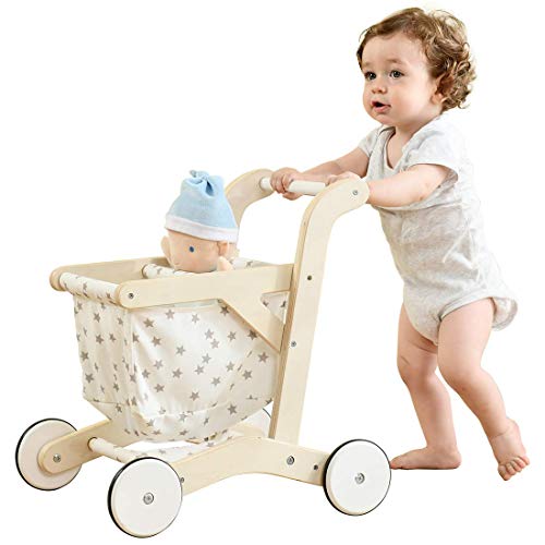 labebe Baby Push Walker Doll Stroller, Push Toy for Toddler, Shopping Cart for Girls and Boys 1 Years Old, Kids Stand Learning Walker, Wooden Play Wagon with Wheel, Larger Size 15.2 * 18.7 * 19.7