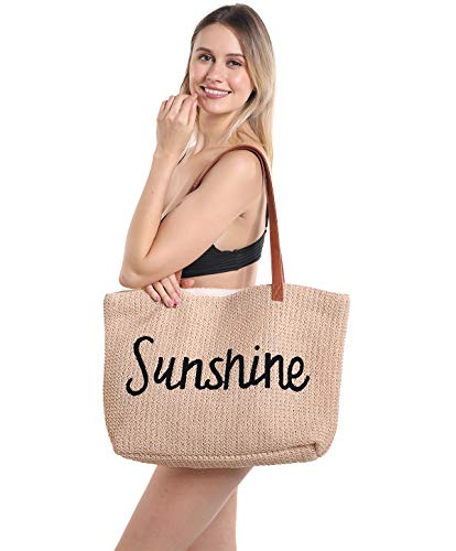 Women Beach Tote Summer Purse Handbag Utility Bag Zipper, Beige Cute Xl Large Woven Straw for Travel, Mom Female Sister Wife Girlfriend…