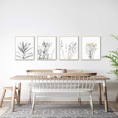 Herzii Botanical Plant Wall Art Prints- Sets Of 4 (8x10 ) Unframed Wall Decor- Pictures Minimalist Wall Art Photo - Nordic Style Eucalyptus And Lavander Leaf Prints-Modern Art Boho Print Decor - Farmhouse, Kitchen, Bedroom Wall Decor