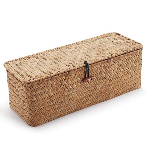 Seagrass Storage Basket with Lid Rectangular Small Woven Shelf Baskets with Sections for Organize Snack Toys