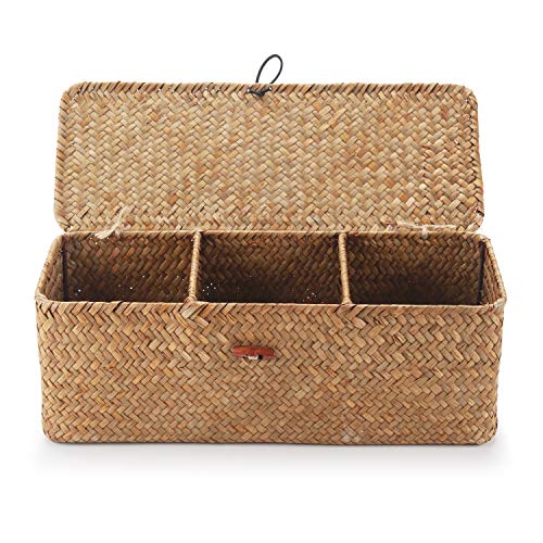 Seagrass Storage Basket with Lid Rectangular Small Woven Shelf Baskets with Sections for Organize Snack Toys