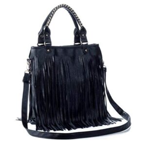 downupdown women tassel fringe shoulder bag big tote messenger handbag hobo cross body bag (black)