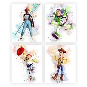 toy story watercolor wall art. buzz. woody. jessie. bo peep. nursery wall art. 4 set of 8×10. unframed