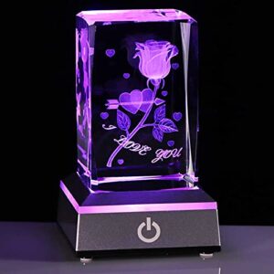 anniversary birthday gifts for girlfriend wife mom cute, 3d laser crystal rose flower christmas valentines day i love you gifts night light romantic for boyfriend couples her him