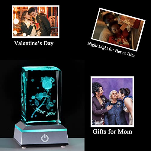 Anniversary Birthday Gifts for Girlfriend Wife Mom Cute, 3D Laser Crystal Rose Flower Christmas Valentines Day I Love You Gifts Night Light Romantic for Boyfriend Couples Her Him