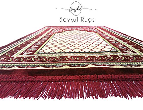 BAYKUL Muslim Prayer Rug-Islamic Turkish Velvet Rugs-Great Ramadan Gifts-Janamaz Prayer Mat Women Men-Islam Carpet-Portable Muslims Mats-Praying Rugs Islam-Sajadah-Gift Prayer Beads 99(Claret Red)