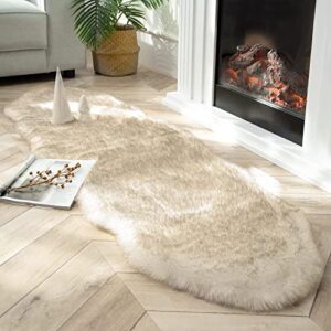 ashler home deco ultra soft faux fox fur rug white brown fluffy area rug, carpets fluffy rug chair couch cover for bedroom floor sofa living room 2 x 6 feet