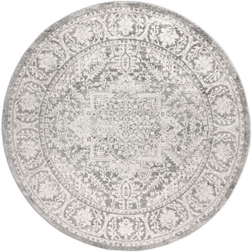 JONATHAN Y MDP100A-5R Modern Persian Vintage Medallion Indoor Area-Rug Country Floral Easy-Cleaning Bedroom Kitchen Living Room, 5' Round, Light Grey