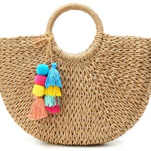 Womens Large Straw Bags Beach Tote Bag Hobo Summer Handwoven Bags Purse With Pom Poms