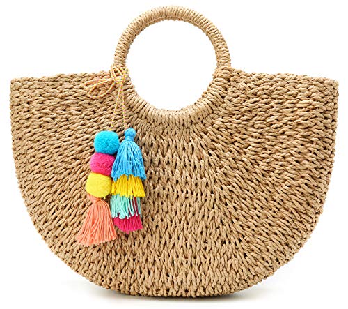 Womens Large Straw Bags Beach Tote Bag Hobo Summer Handwoven Bags Purse With Pom Poms