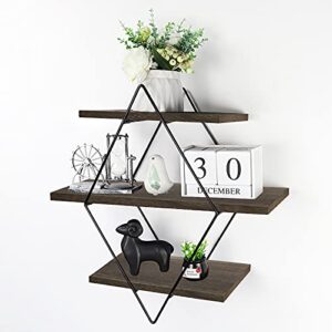 befayoo floating shelves for wall, rustic wood geometric style decor shelf for bathroom bedroom living room kitchen office (diamond, coffee)