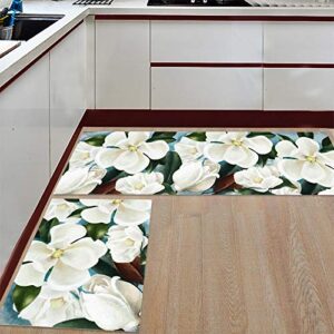 watercolor blooming magnolia floral kitchen rugs set of 2, washable floor door mats comfort area runner rug non-slip rubber backing for indoor white flowers