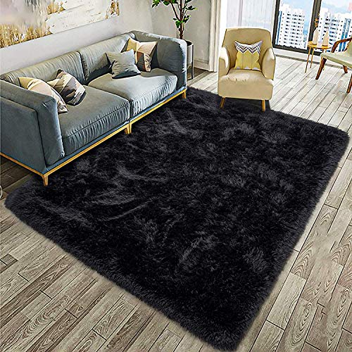 4X6 Black Area Rugs for Living Room Super Soft Floor Fluffy Carpet Natural Comfy Thick Fur Mat Princess Girls Room Rug (4x6 Feet, Black)