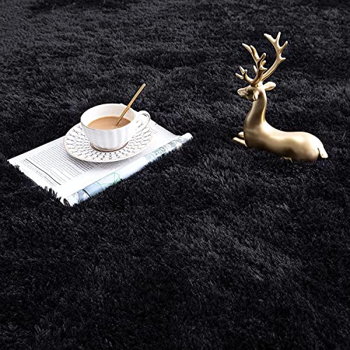 4X6 Black Area Rugs for Living Room Super Soft Floor Fluffy Carpet Natural Comfy Thick Fur Mat Princess Girls Room Rug (4x6 Feet, Black)