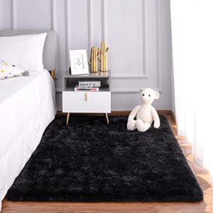 4X6 Black Area Rugs for Living Room Super Soft Floor Fluffy Carpet Natural Comfy Thick Fur Mat Princess Girls Room Rug (4x6 Feet, Black)