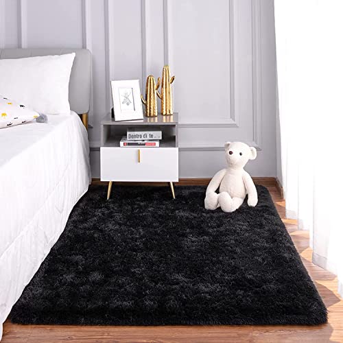 4X6 Black Area Rugs for Living Room Super Soft Floor Fluffy Carpet Natural Comfy Thick Fur Mat Princess Girls Room Rug (4x6 Feet, Black)