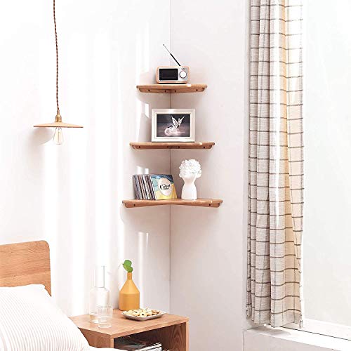 Corner Shelf, 16inch Oak Solid Wood Floating Shelf Display Shelf Round Edging Wall Mount Speaker Shelf Display Rack Organizer