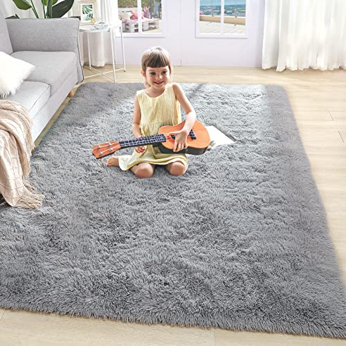 Comeet Fluffy Shaggy Area Rugs for Bedroom, 5'X8', Grey Rug Soft Shag Rug for Living Room, Anti-Skid Bedside Rug for Kids Room, Shaggy Throw Rug for Nursery Room, Dorm Home Decor Furry Carpet