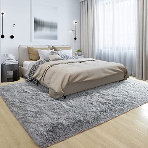 Comeet Fluffy Shaggy Area Rugs for Bedroom, 5'X8', Grey Rug Soft Shag Rug for Living Room, Anti-Skid Bedside Rug for Kids Room, Shaggy Throw Rug for Nursery Room, Dorm Home Decor Furry Carpet