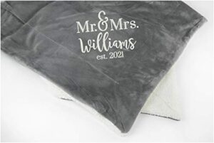 mr. and mrs. established mink sherpa throw blanket personalized wedding gift (grey)