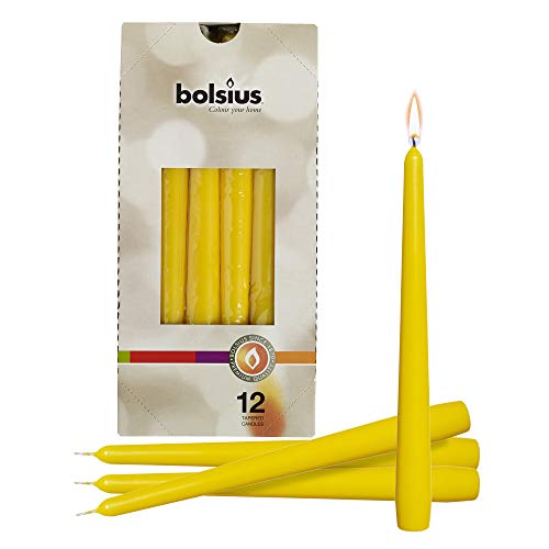 BOLSIUS Yellow Taper Candles - 12 Pack Individually Wrapped Unscented 10 Inch Dinner Candle Set - 8 Burn Hours - Premium European Quality - Smokeless & Dripless Household Wedding & Party Candlesticks