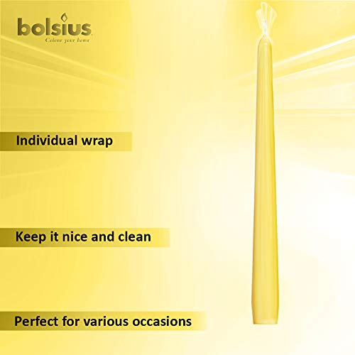 BOLSIUS Yellow Taper Candles - 12 Pack Individually Wrapped Unscented 10 Inch Dinner Candle Set - 8 Burn Hours - Premium European Quality - Smokeless & Dripless Household Wedding & Party Candlesticks