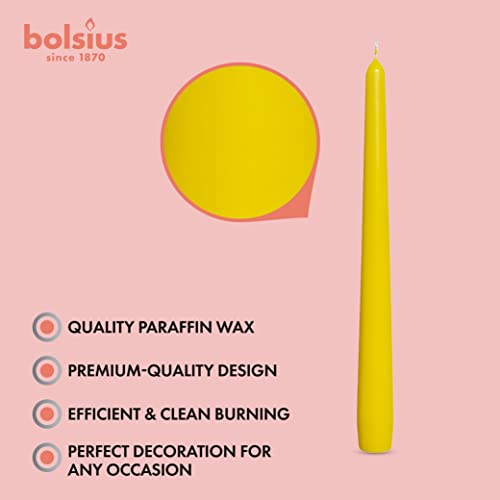 BOLSIUS Yellow Taper Candles - 12 Pack Individually Wrapped Unscented 10 Inch Dinner Candle Set - 8 Burn Hours - Premium European Quality - Smokeless & Dripless Household Wedding & Party Candlesticks