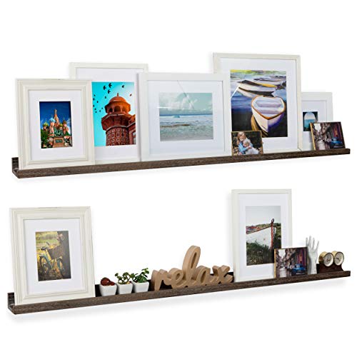 Rustic State Ted Wall Mount Extra Long Narrow Picture Ledge Photo Frame Display - 60 Inch Floating Wood Shelf for Living Room Office Kitchen Bedroom Bathroom - Torched Brown - Set of 2