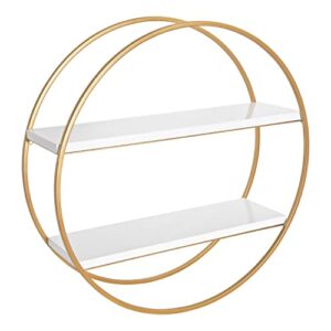 kate and laurel sequoia modern round wall shelf, 24″ diameter, white and gold, contemporary glam 2-tier floating shelf decor