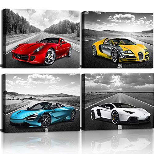 Car Poster Decor Black and White Wall Art Framed Car Art for Men Boys Bedroom Décor Sports Posters Landscape Office Room Decor Gift for Teen Boys Ready to Hang