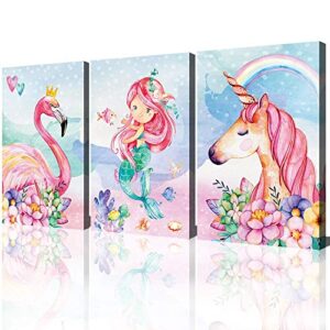 unicorn wall decor pictures pink girls room bedroom bathroom wall art cute mermaid flamingo watercolor painting artwork pink rainbow framed canvas print nursery kids birthday gifts 3 pieces