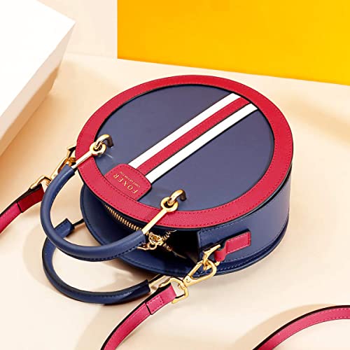 Leather Circular Cross body Handbags for Women, Genuine Leather Ladies Round Crossbody Bags with Adjustable Strap Small Womens Fashion Shoulder Bags Mini Girls Cowhide Messenger Purses(Blue)