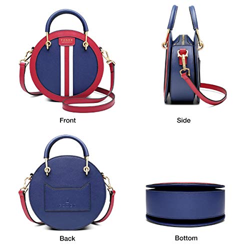 Leather Circular Cross body Handbags for Women, Genuine Leather Ladies Round Crossbody Bags with Adjustable Strap Small Womens Fashion Shoulder Bags Mini Girls Cowhide Messenger Purses(Blue)