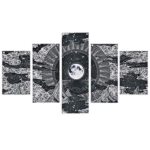 Livole Moon Star Prints Wall Art, 5 Piece Frameless Black White Fresco Wall Paintings, Mountain and Clouds Picture Print with 10 Nails for Room