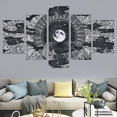 Livole Moon Star Prints Wall Art, 5 Piece Frameless Black White Fresco Wall Paintings, Mountain and Clouds Picture Print with 10 Nails for Room