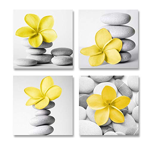 Genius Decor-Modern Bathroom Yellow Gray Wall Art Picture Flowers and Pebble Stone Canvas Print Wall Decor Set 4(Yellow)