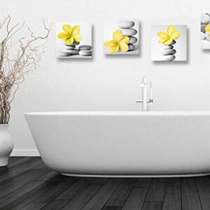 Genius Decor-Modern Bathroom Yellow Gray Wall Art Picture Flowers and Pebble Stone Canvas Print Wall Decor Set 4(Yellow)