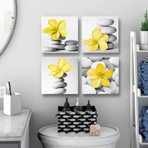 Genius Decor-Modern Bathroom Yellow Gray Wall Art Picture Flowers and Pebble Stone Canvas Print Wall Decor Set 4(Yellow)