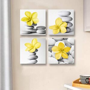 Genius Decor-Modern Bathroom Yellow Gray Wall Art Picture Flowers and Pebble Stone Canvas Print Wall Decor Set 4(Yellow)