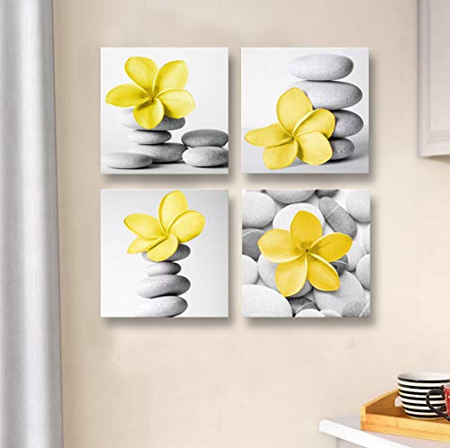 Genius Decor-Modern Bathroom Yellow Gray Wall Art Picture Flowers and Pebble Stone Canvas Print Wall Decor Set 4(Yellow)