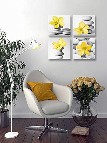 Genius Decor-Modern Bathroom Yellow Gray Wall Art Picture Flowers and Pebble Stone Canvas Print Wall Decor Set 4(Yellow)