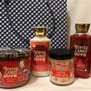 Bath and Body Work Winter Candy Apple Candle Gift Set, 3 Wick and Single Wick Candles, Full Size Body lotion, Shower Gel with Gingham Gift Bag and Tissue