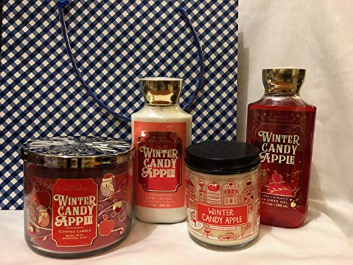 Bath and Body Work Winter Candy Apple Candle Gift Set, 3 Wick and Single Wick Candles, Full Size Body lotion, Shower Gel with Gingham Gift Bag and Tissue