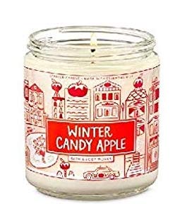 Bath and Body Work Winter Candy Apple Candle Gift Set, 3 Wick and Single Wick Candles, Full Size Body lotion, Shower Gel with Gingham Gift Bag and Tissue